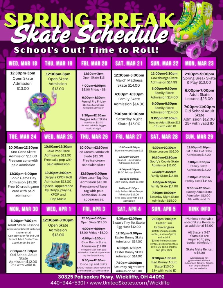 Spring Break Skate Schedule | March 18 – April 5 | United Skates of America